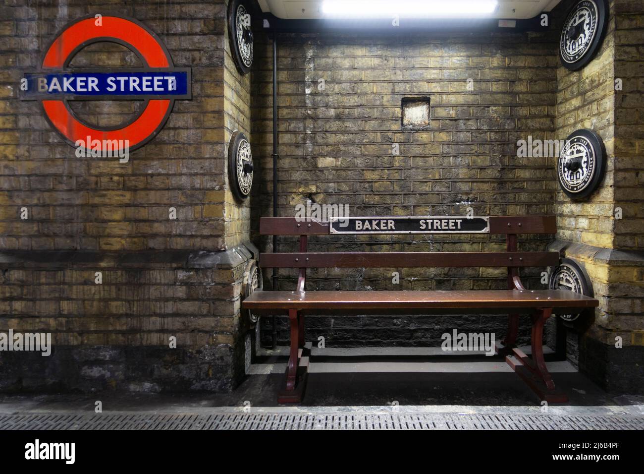 London UK, April 2022. bench on the platform at Baker Street ...