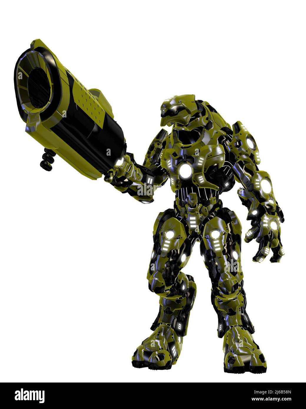 robotic warrior with yellow weapon and armor, 3d illustration Stock ...