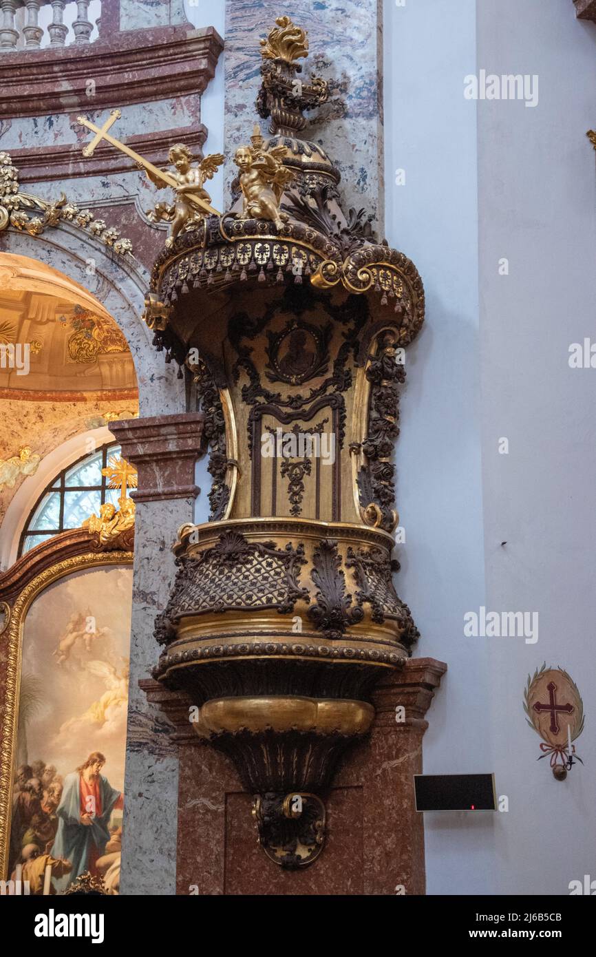 Baroque pulpit in the Karlskirche, Vienna. The abat-voix forms a canopy ...