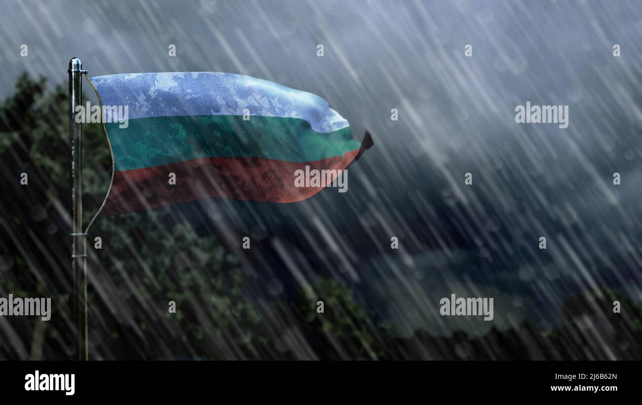flag of Bulgaria with rain and dark clouds, rainfall forecast symbol ...