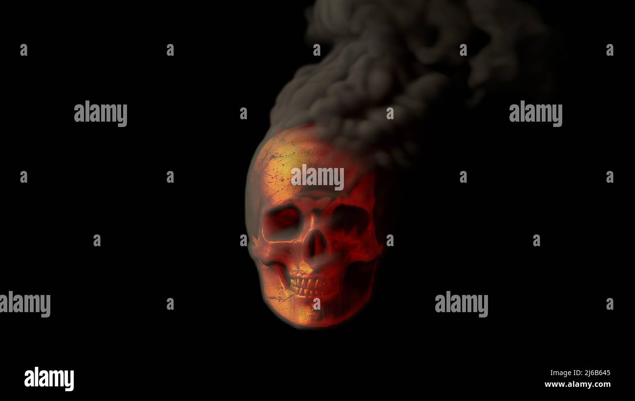 Grey burning human skull on black backdrop with fire - war concept ...