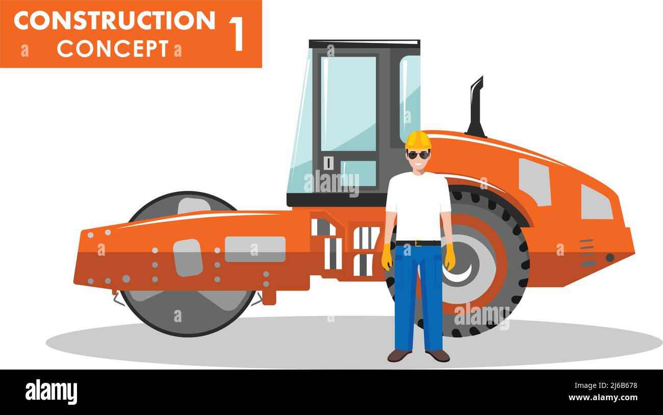 Detailed illustration of compactor and worker in flat style on white ...