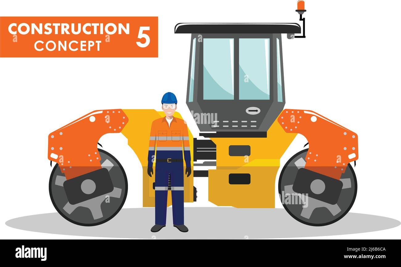 Detailed illustration of compactor and worker in flat style on white ...