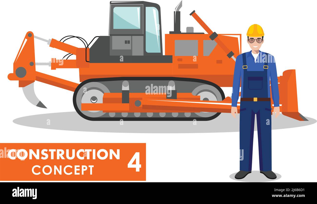 Detailed illustration of dozer and worker in flat style on white ...