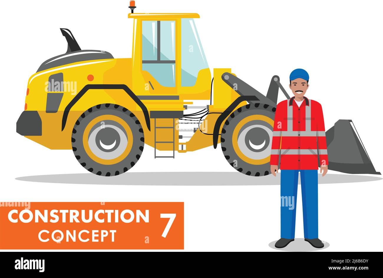 Detailed illustration of wheel loader and worker in flat style on white ...