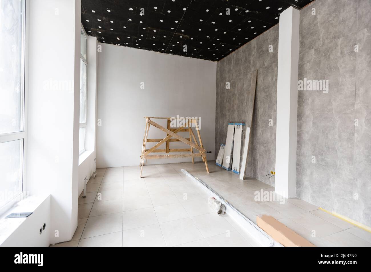 renovated room with shopping window - empty store shop with wooden ...