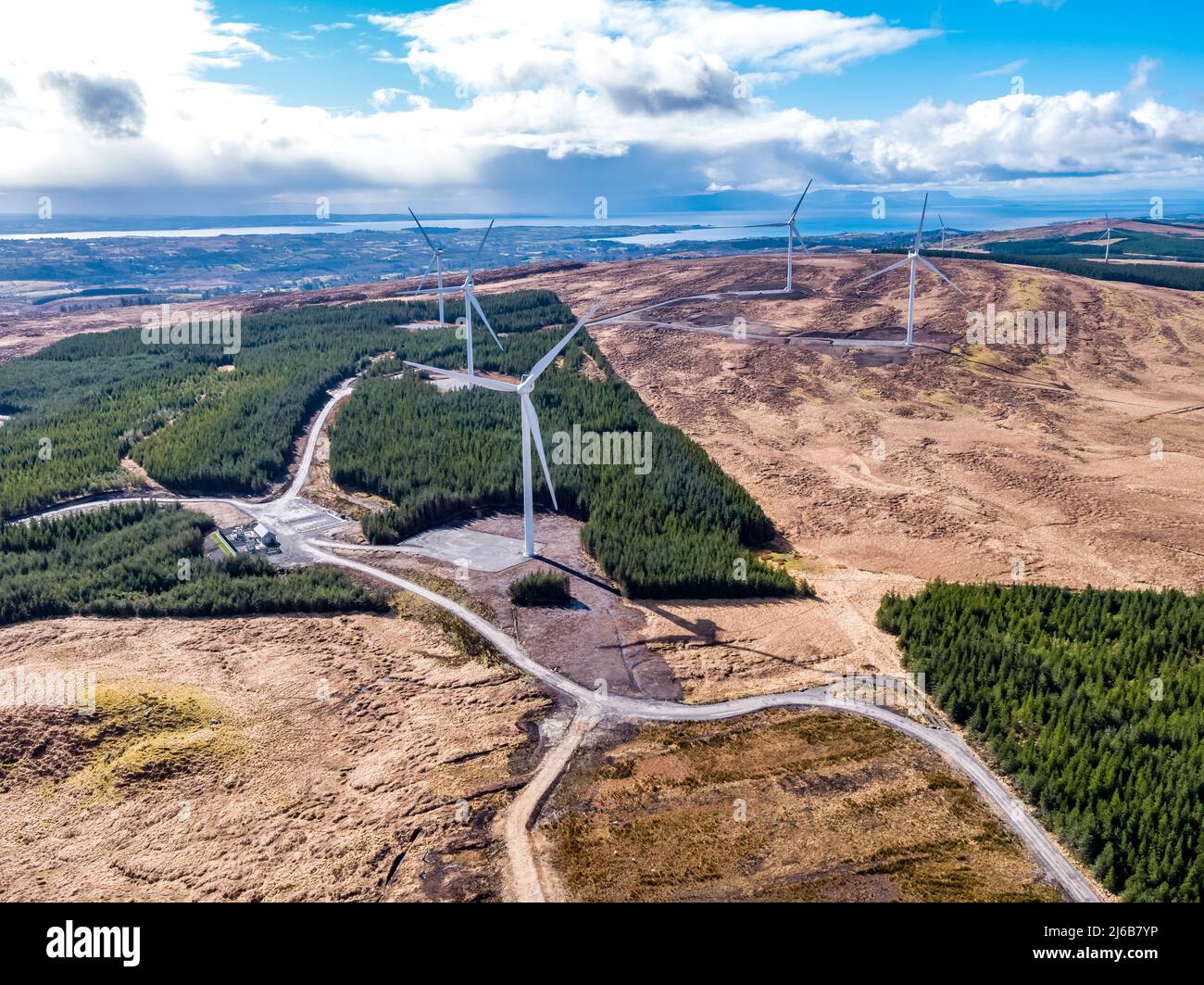Aerial view of the Cloghervaddy windfarm between Frosses and Glenties ...