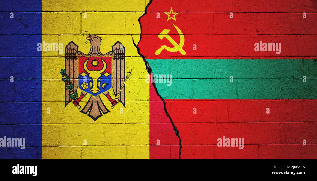 Cracked brick wall painted with a flag of Moldova on the left and a ...