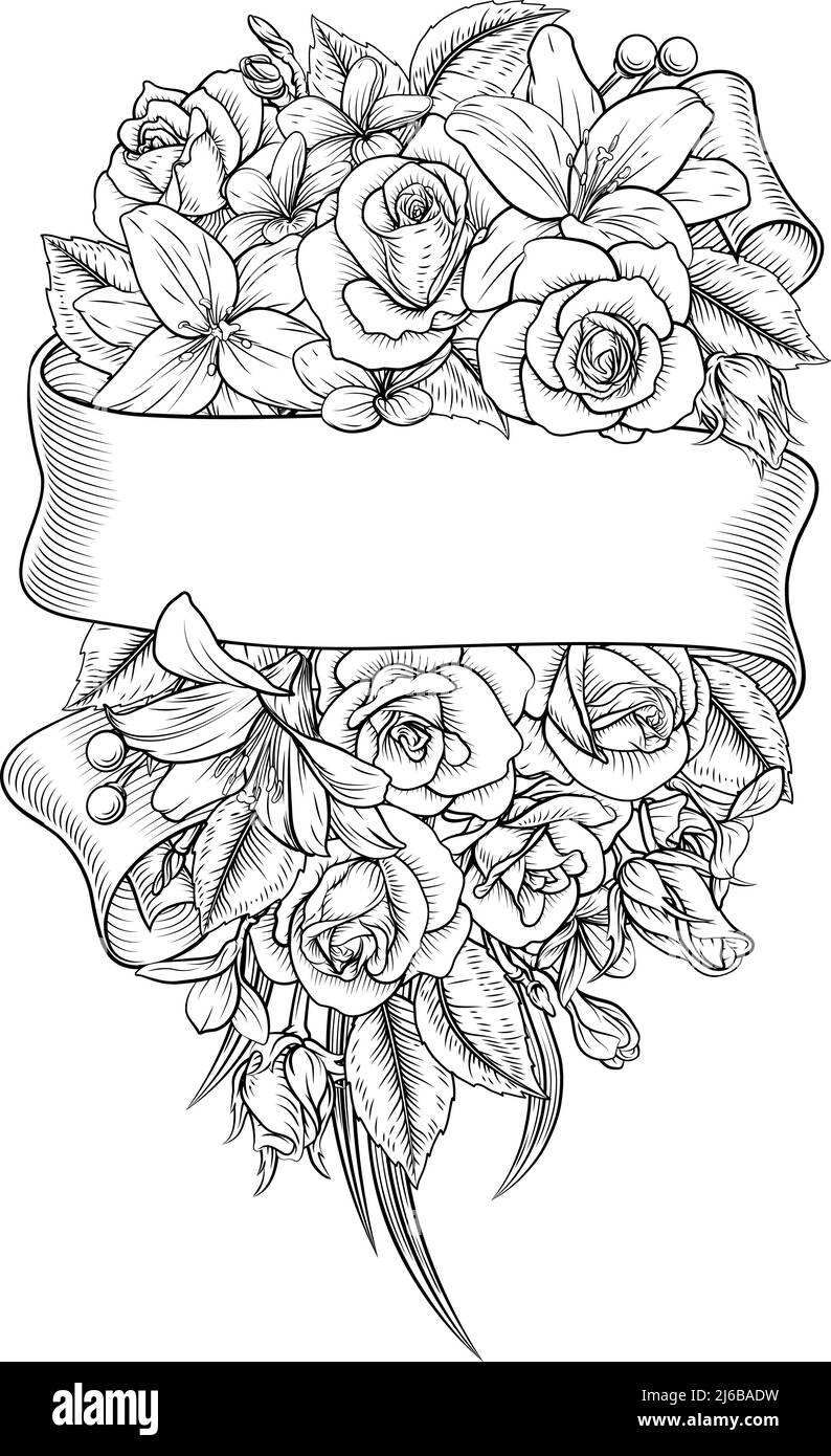 Flowers Floral Rose Bouquet Scroll Funeral Wedding Stock Vector Image ...