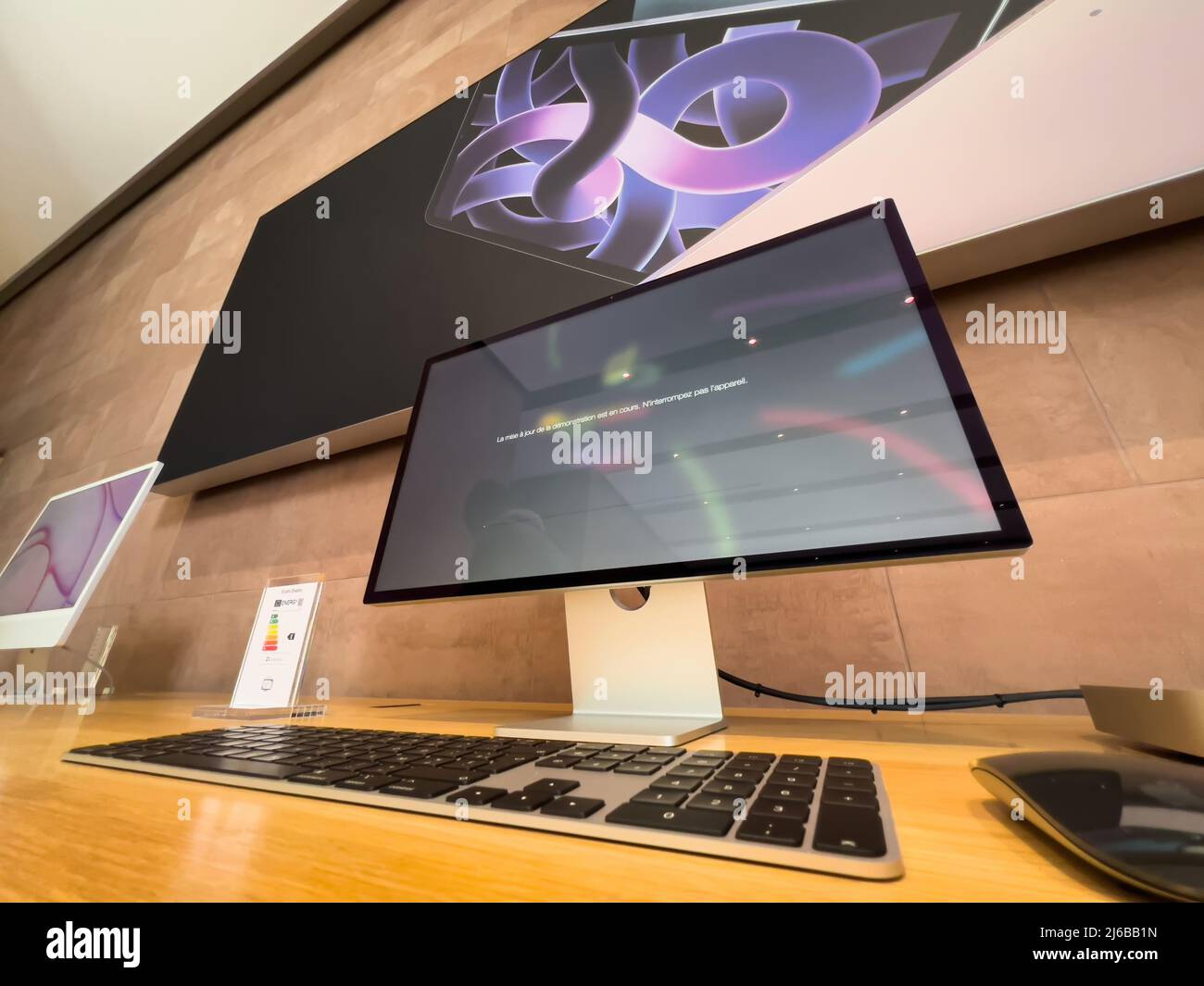 Paris, France - Mar 18, 2022: Low angle view of monitor display with ...