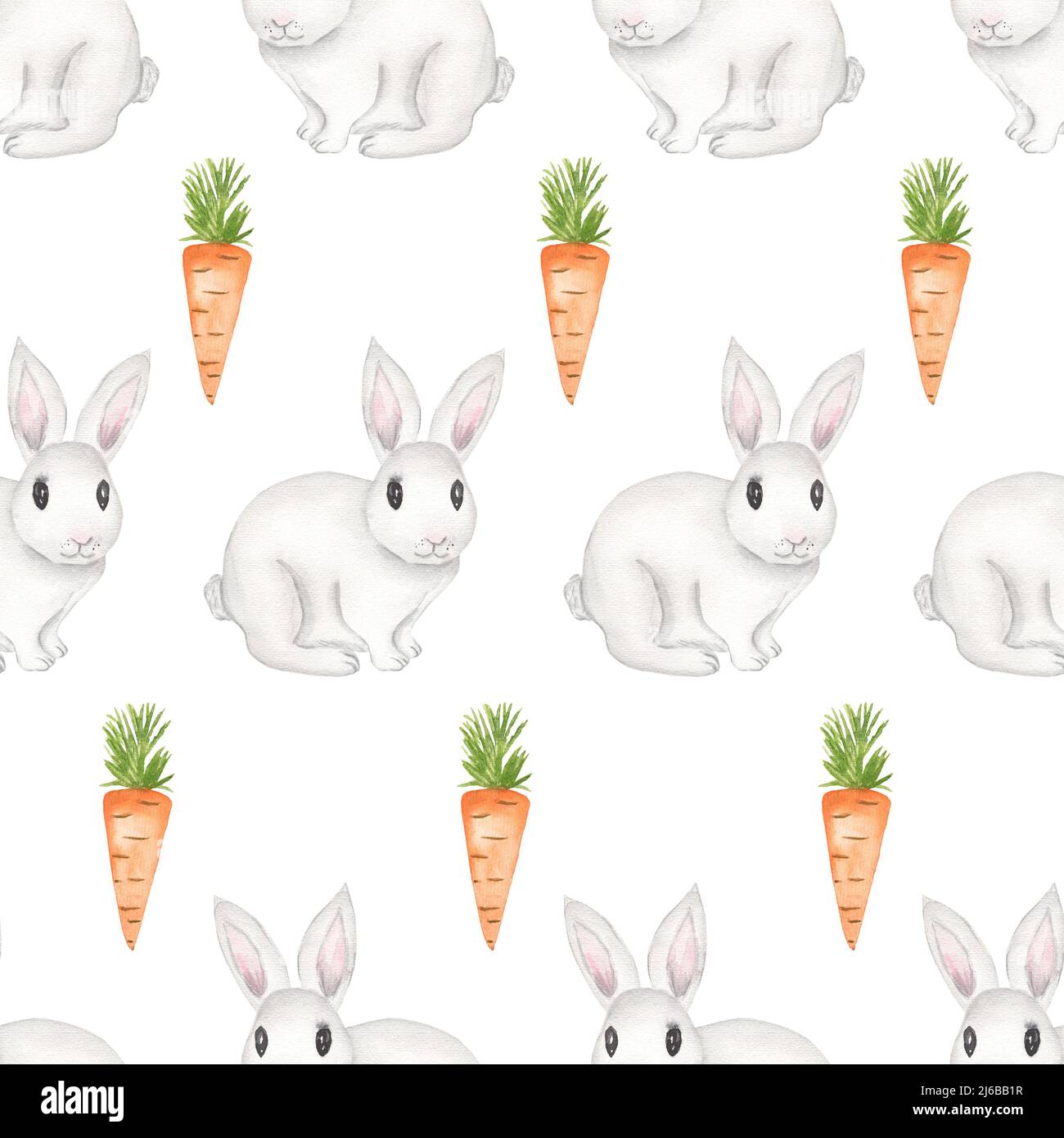 Watercolor easter white bunny and carrot seamless pattern, hand drawn ...