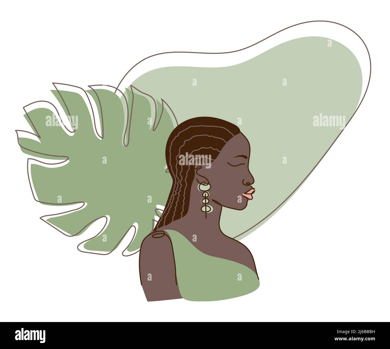 African female body silhouette with simple shapes and monstera leaf ...