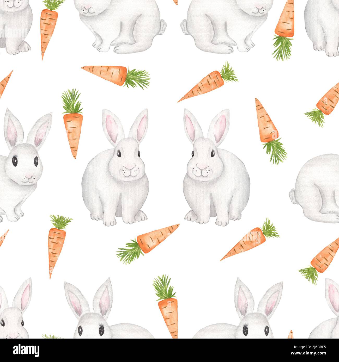 Watercolor easter white bunny and carrot seamless pattern, hand drawn ...