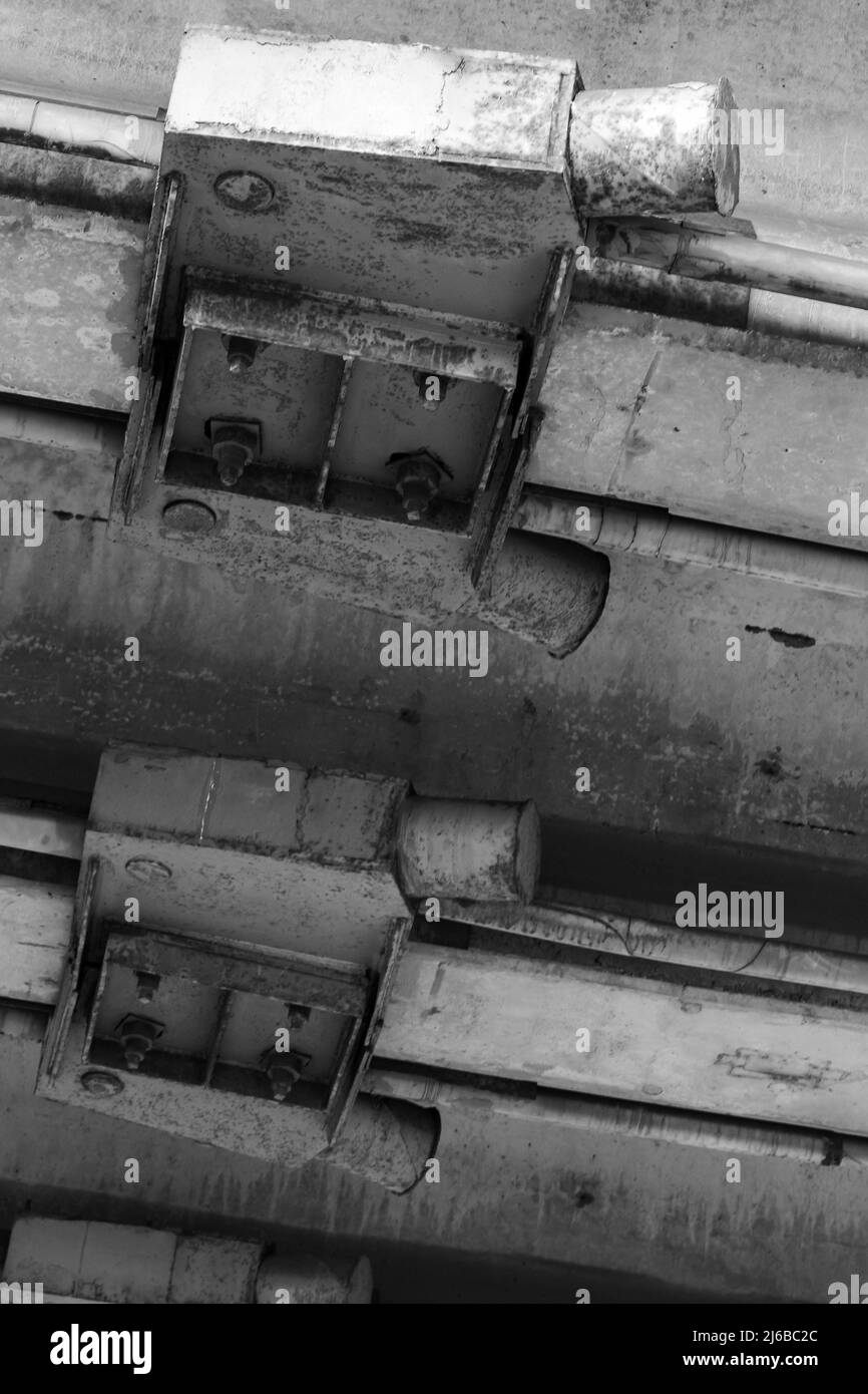 Steel bridge elements, bottom view, bolts connection. Black and white ...