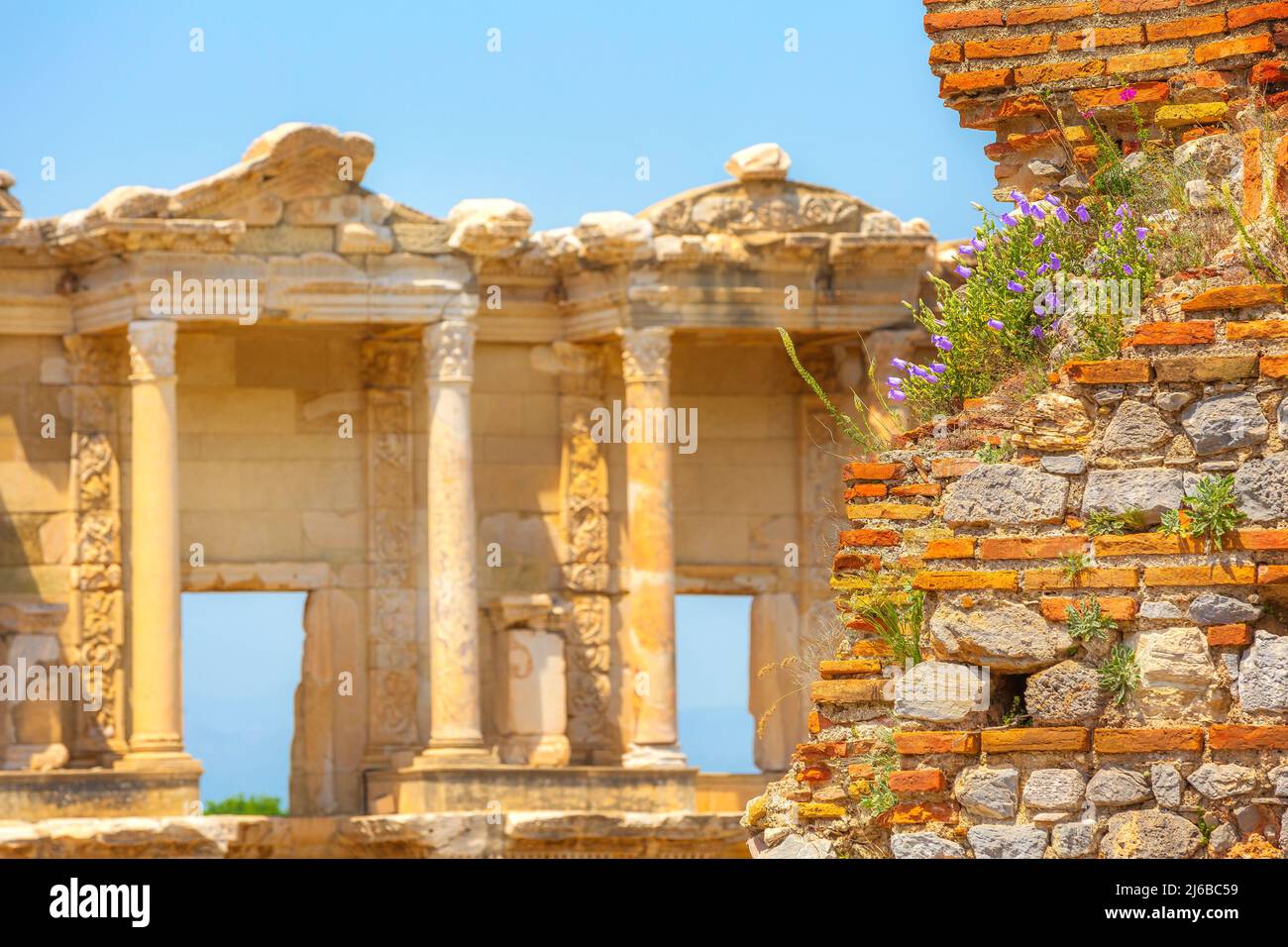 Ephesus, Efes, Turkey defocused Celsus Library, old ruins with spring ...