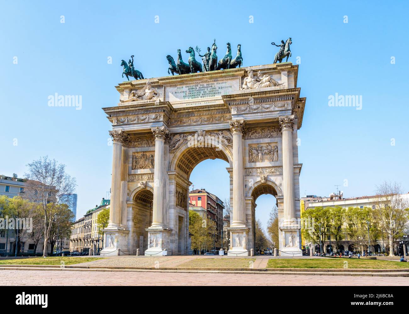 Low angle view of the Arco della Pace (Arch of Peace), a neoclassical ...