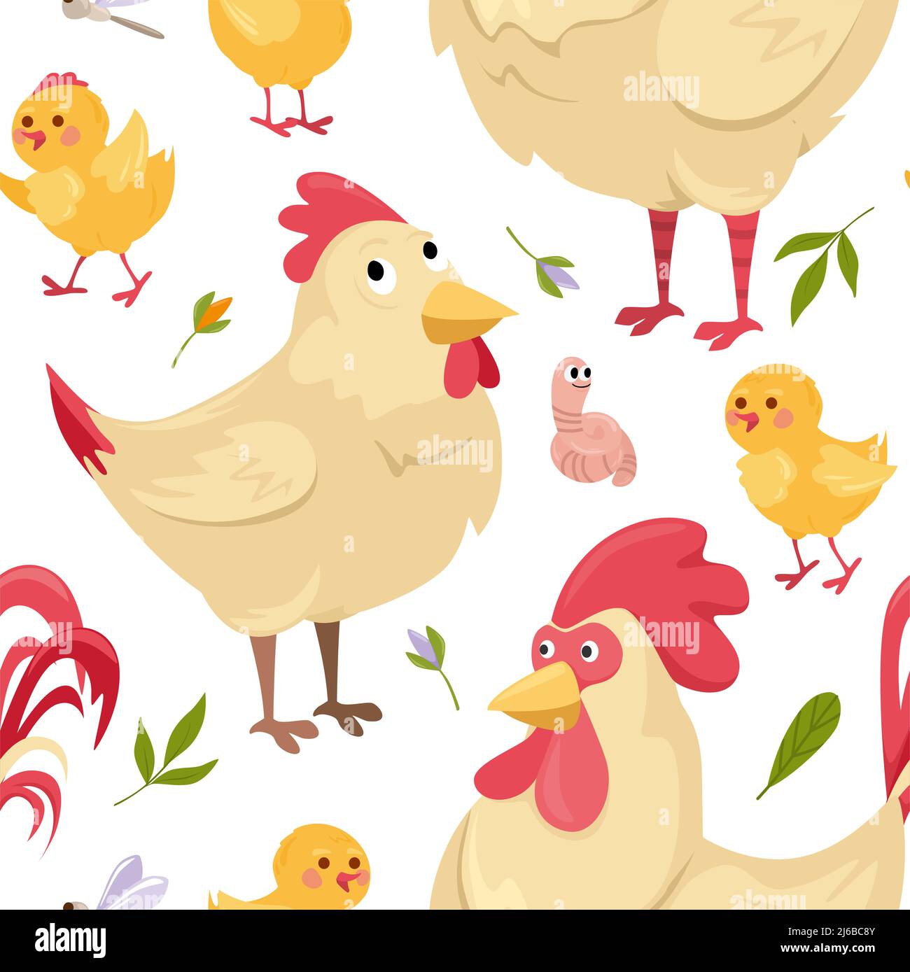 Pattern Hen and rooster with chickens on a white background. Cute ...