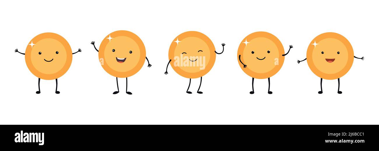 Set cartoon coins. Funny smiling cute gold coin with face, hands and ...