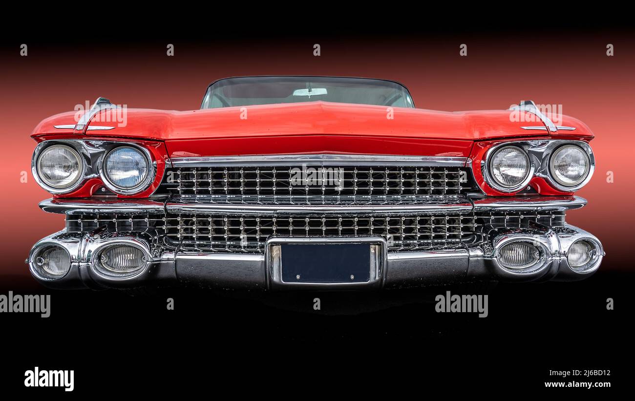Front view of a classic american retro car. Clearly visible is the ...