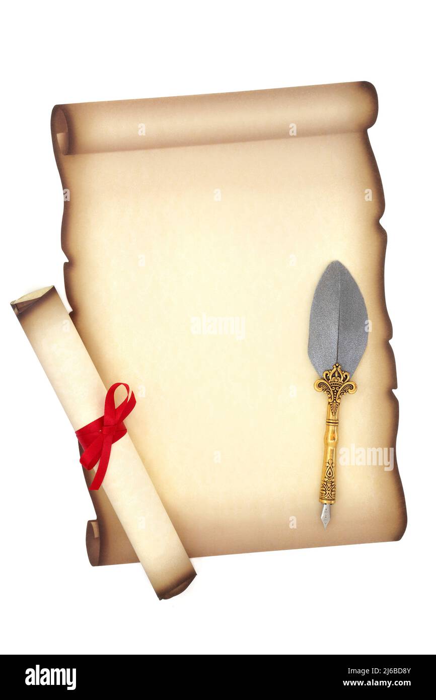 Old fashioned parchment scroll with quill pen and rolled scroll tied ...