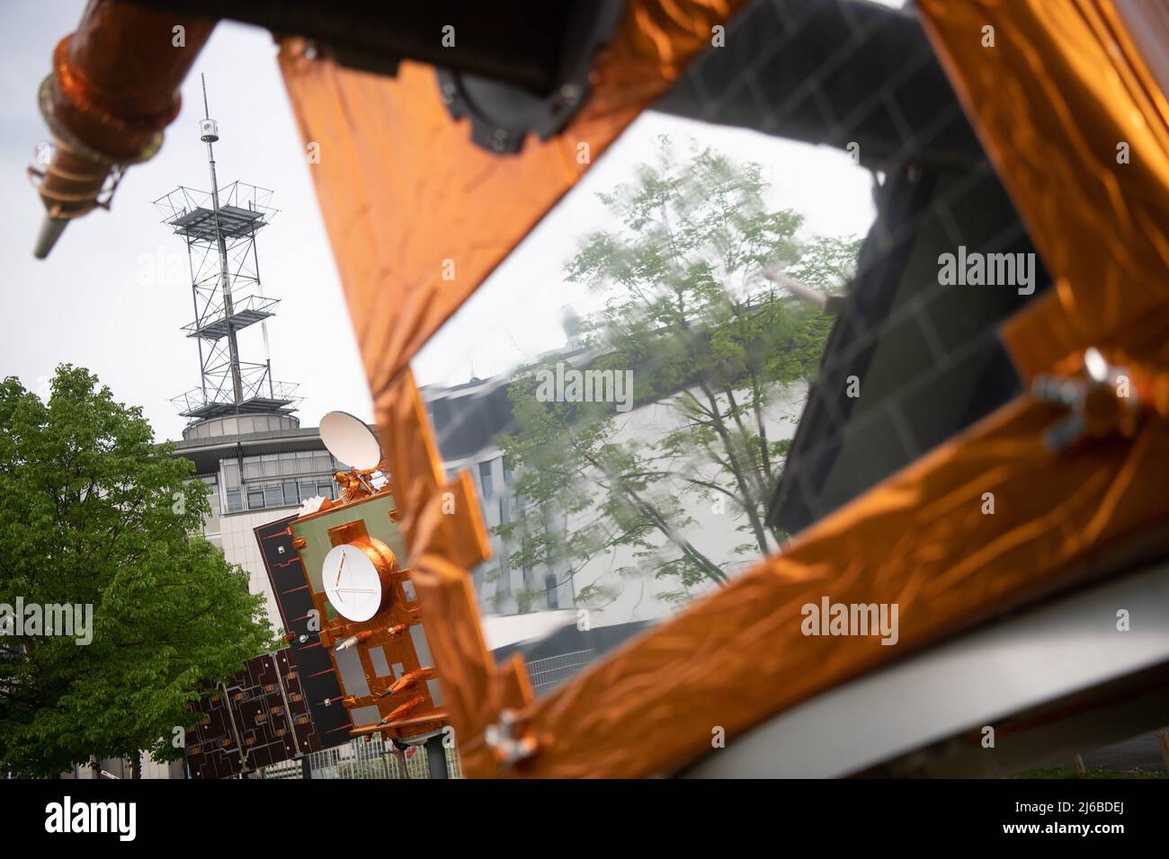 29 April 2022, Hessen, Darmstadt: A replica of the Jason satellite ...