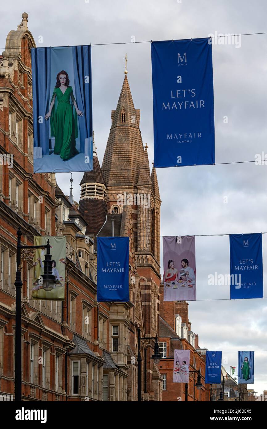 LONDON, UK - APRIL 27, 2022: View along Duke Street with banner signs ...
