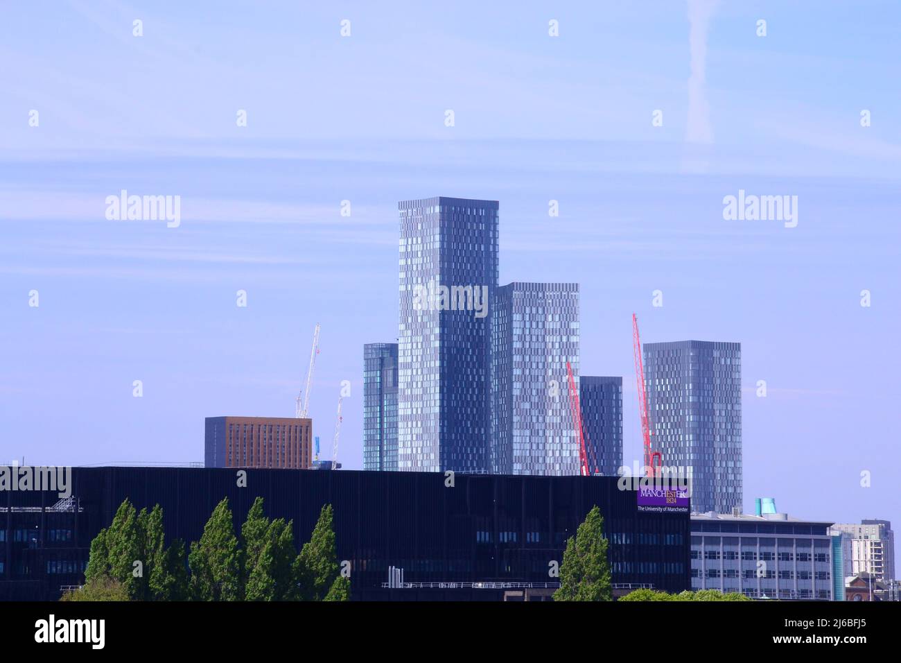 A high level view of skyscrapers at Deansgate Square in central ...