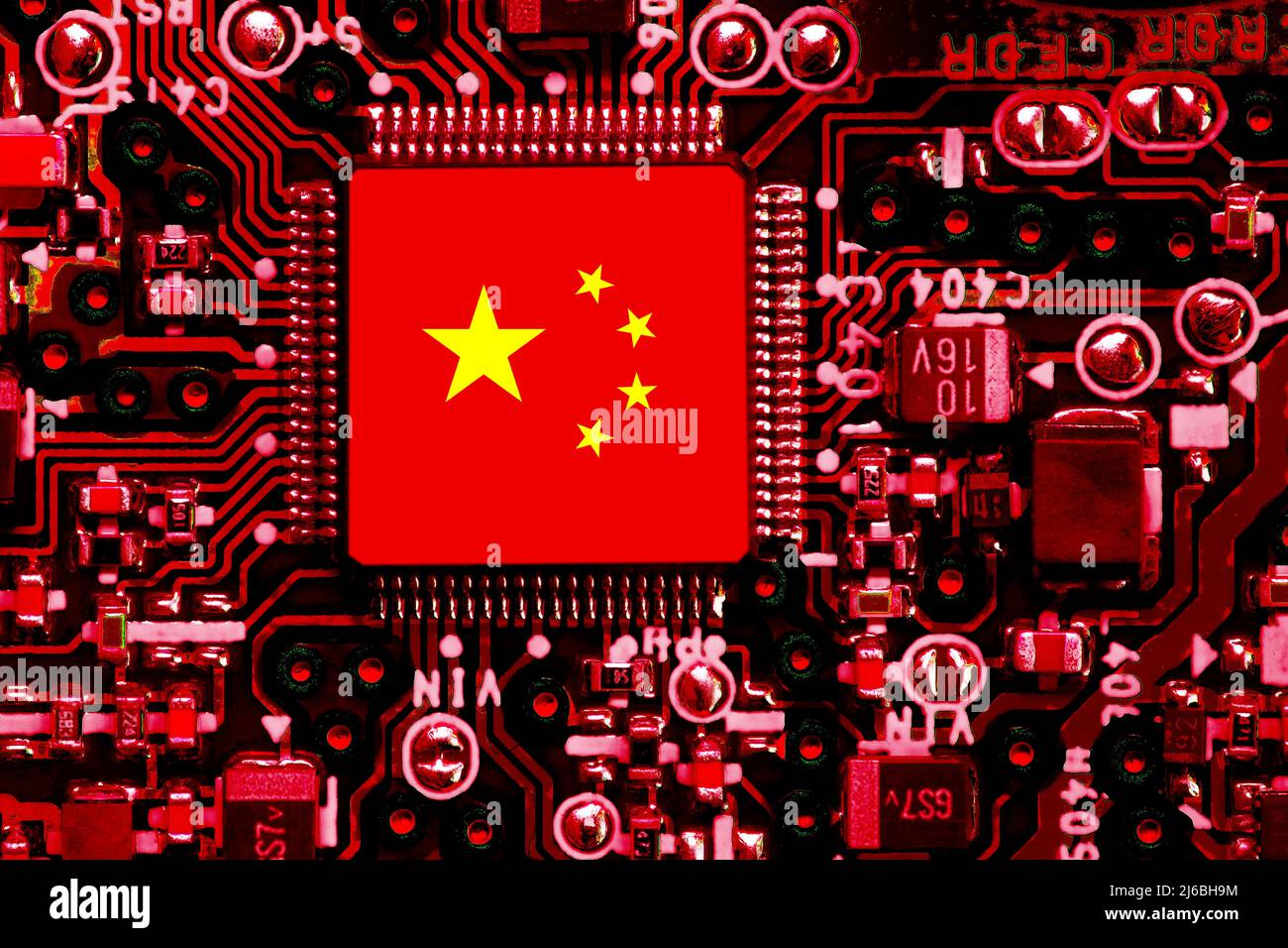 Chinese National Flag overlaid on PC micro chip on integrated circuit ...