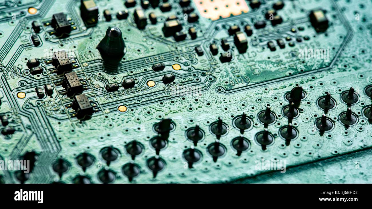 Macro Close up of printed wiring on PC circuit board of modem router ...