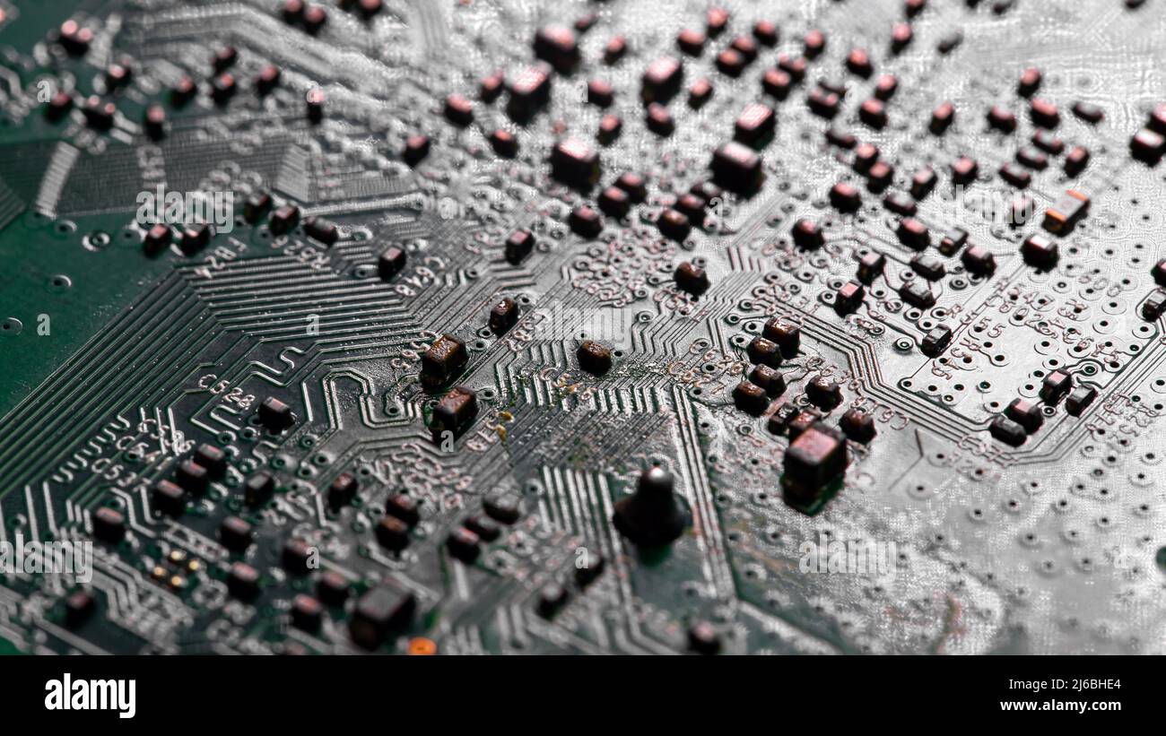 Macro Close up of printed wiring on PC circuit board of modem router ...