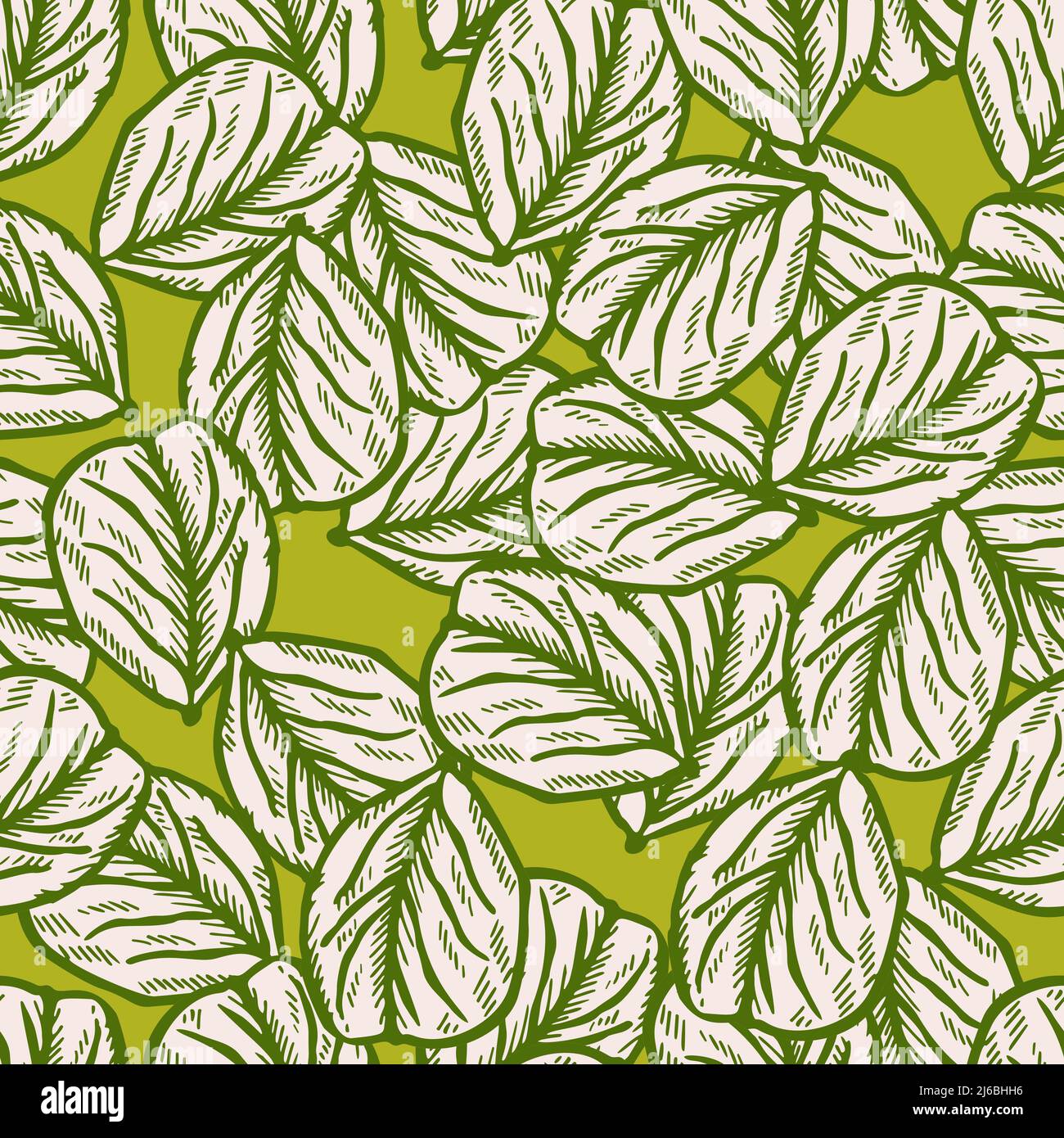 Seamless pattern engraved tree leaves. Vintage background botanical ...