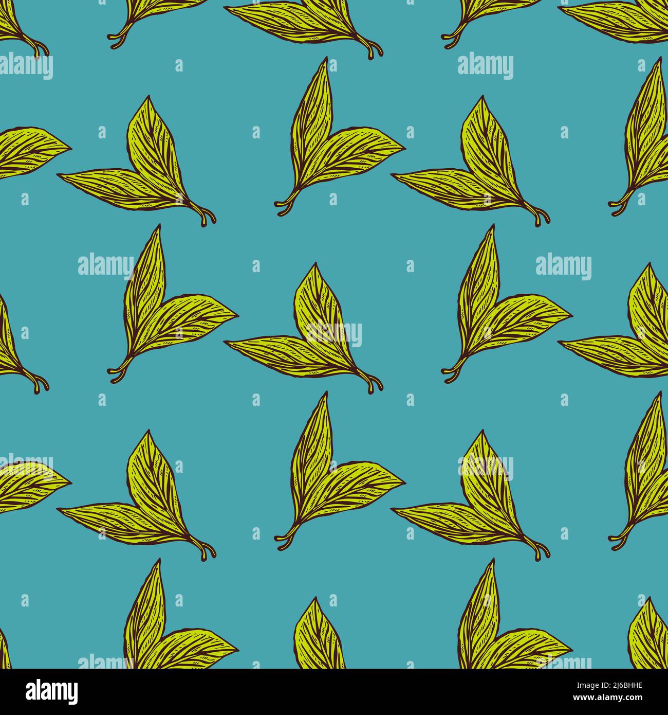 Seamless pattern engraved leaves. Vintage background of tea leaf in ...