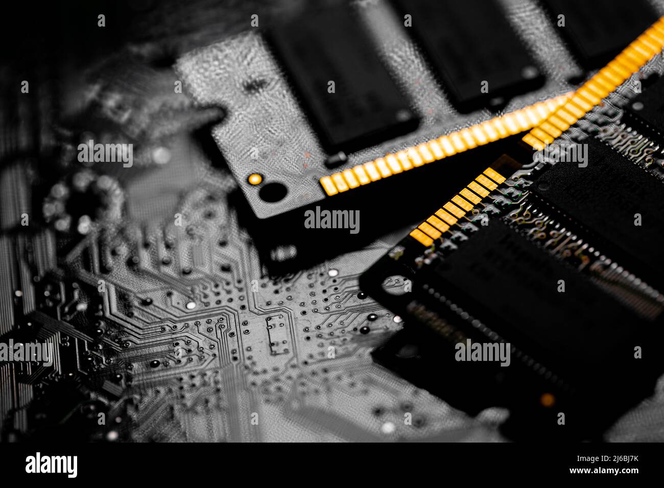 Macro Close up of computer RAM chip; random access memory chip slot for ...