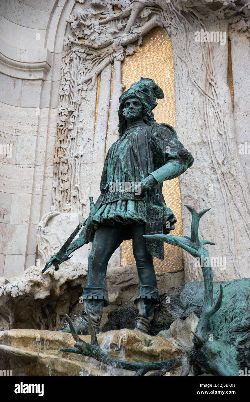 King Matthias and stag atop Alajos Stróbl’s Matthias Fountain; a ...