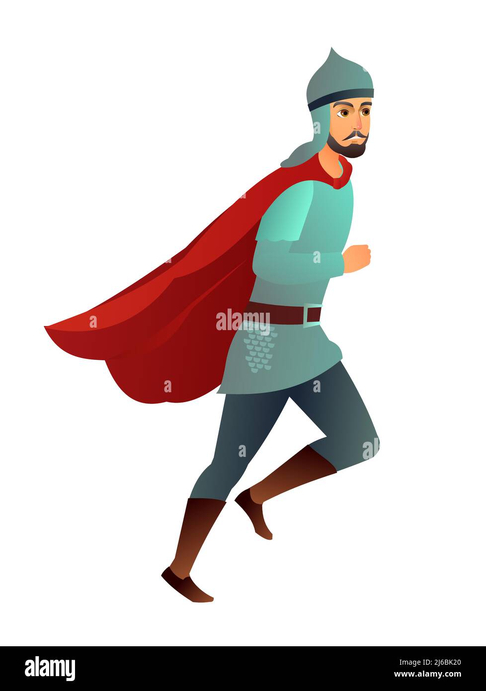 Medieval knight running smiling. In iron mail and helmet. In red cape ...