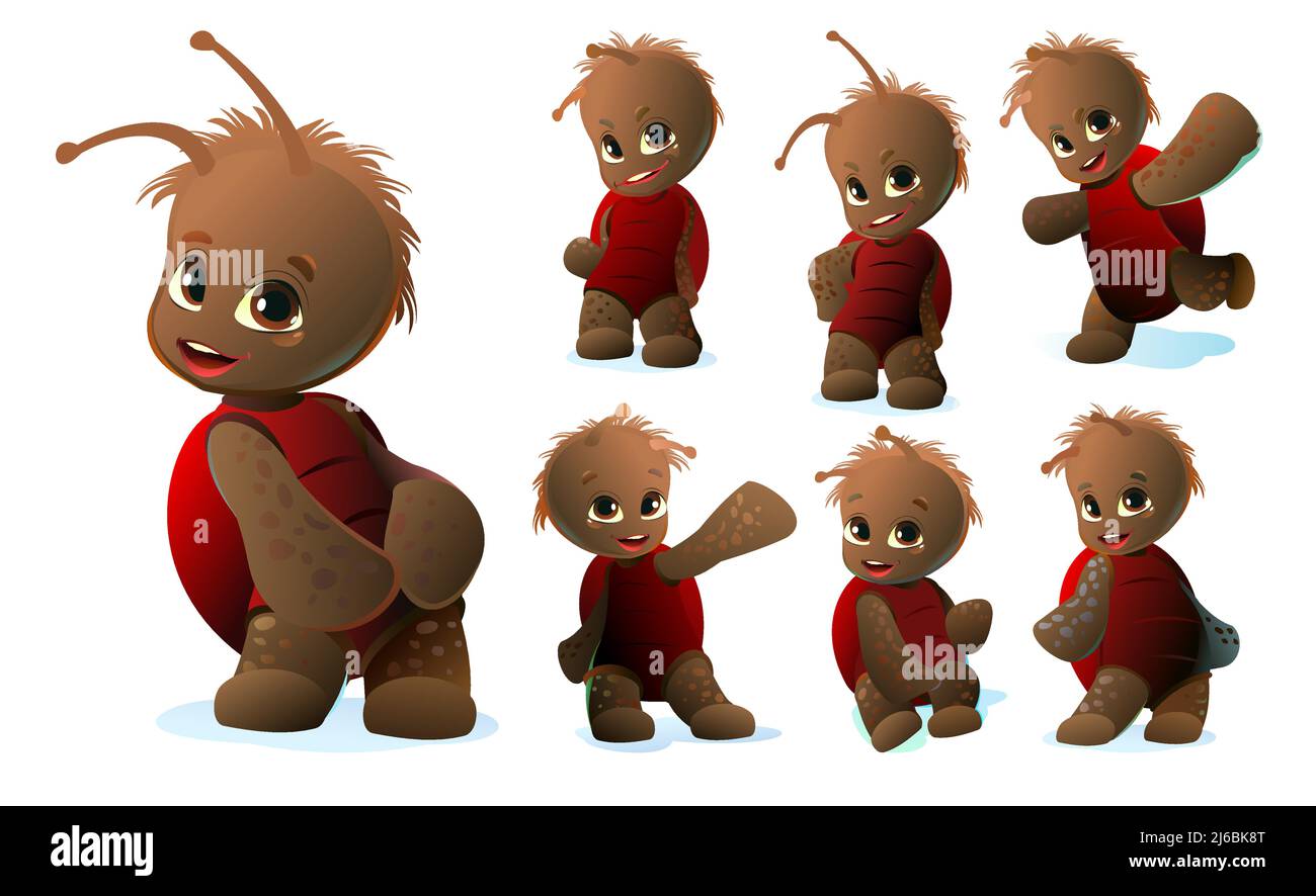 Set of Red beetle fun. Cute cartoon character. Funny insect object ...