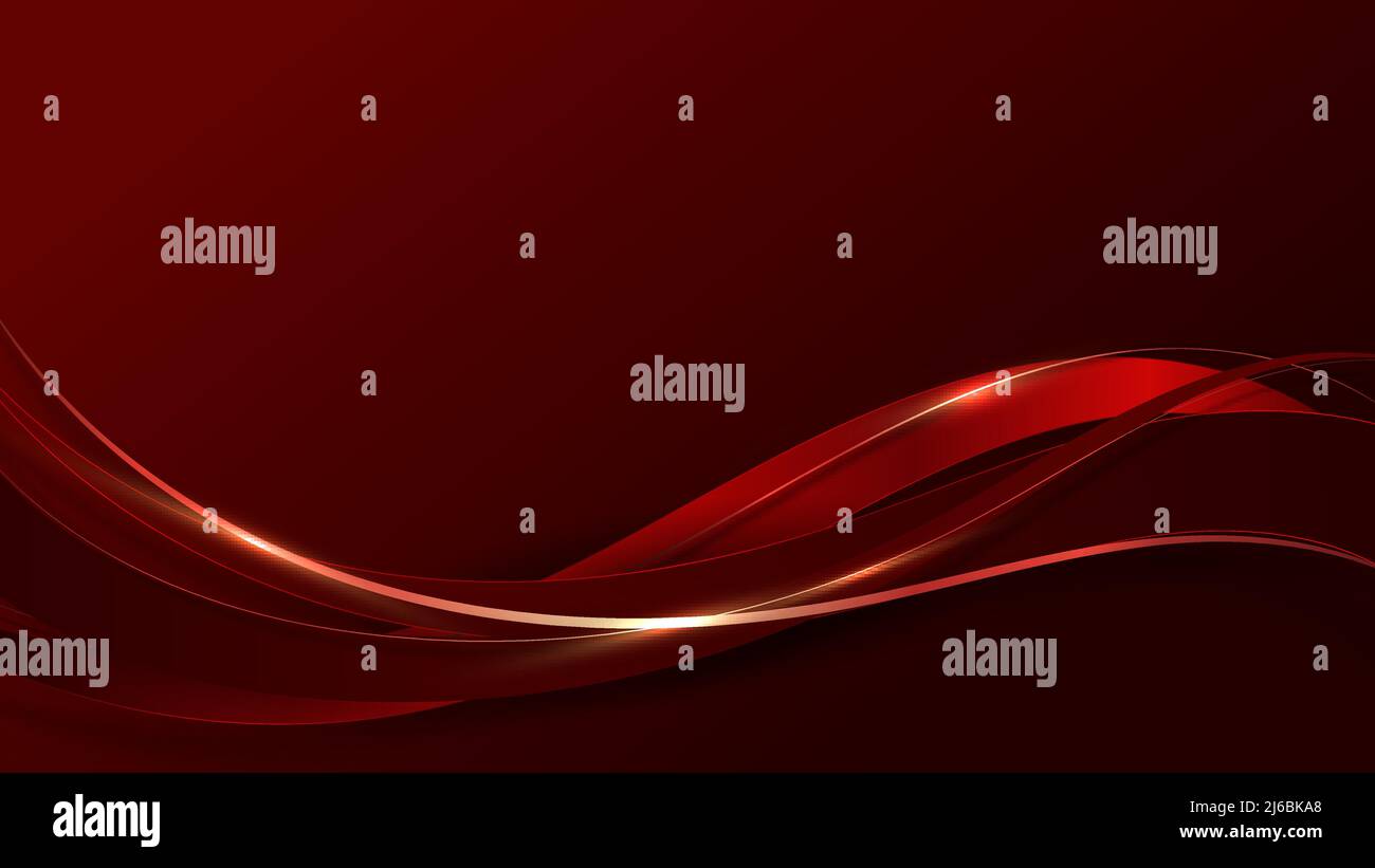 Abstract 3D luxury red color wave lines with shiny golden curved line ...