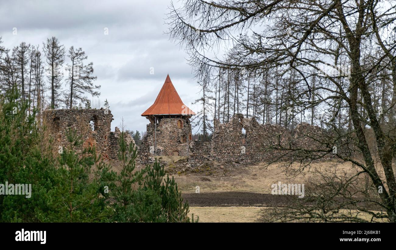 early spring landscape with a view of the castle ruins, the new bright ...