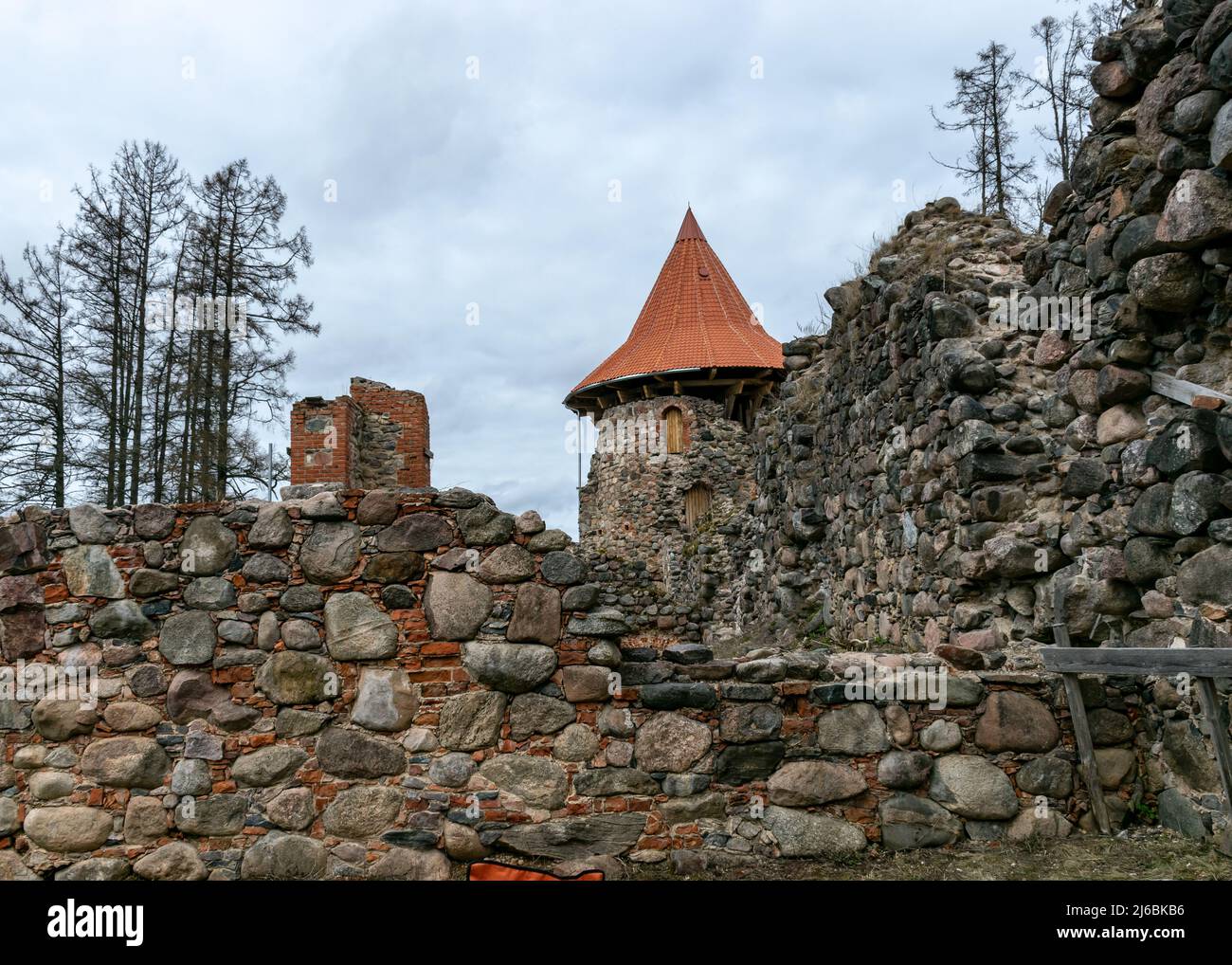 early spring landscape with a view of the castle ruins, the new bright ...