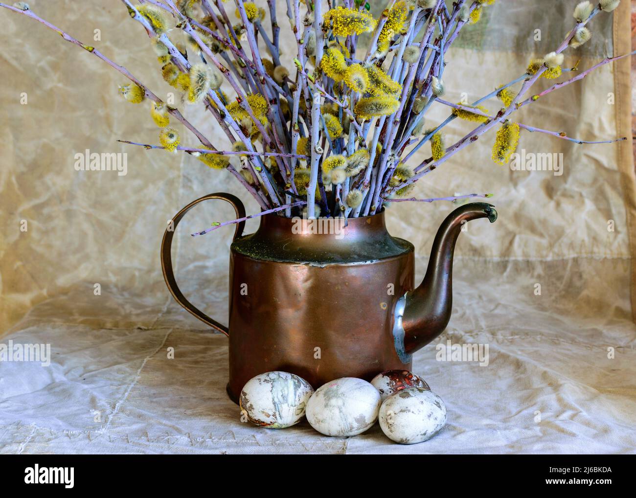 ancient copper mug with poplars, celebration of Easter, feast of the ...