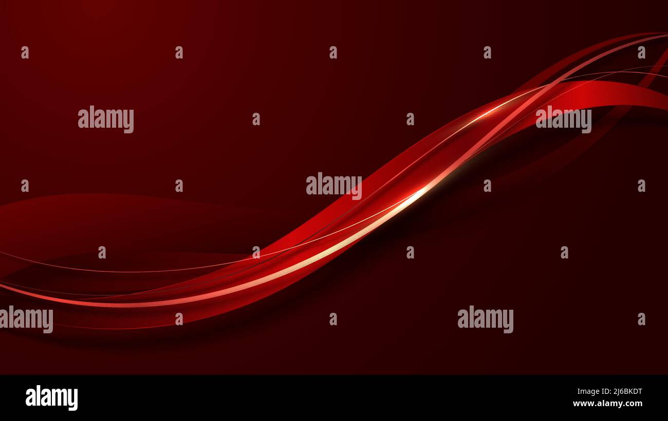 Abstract 3D luxury red color wave lines with shiny golden curved line ...