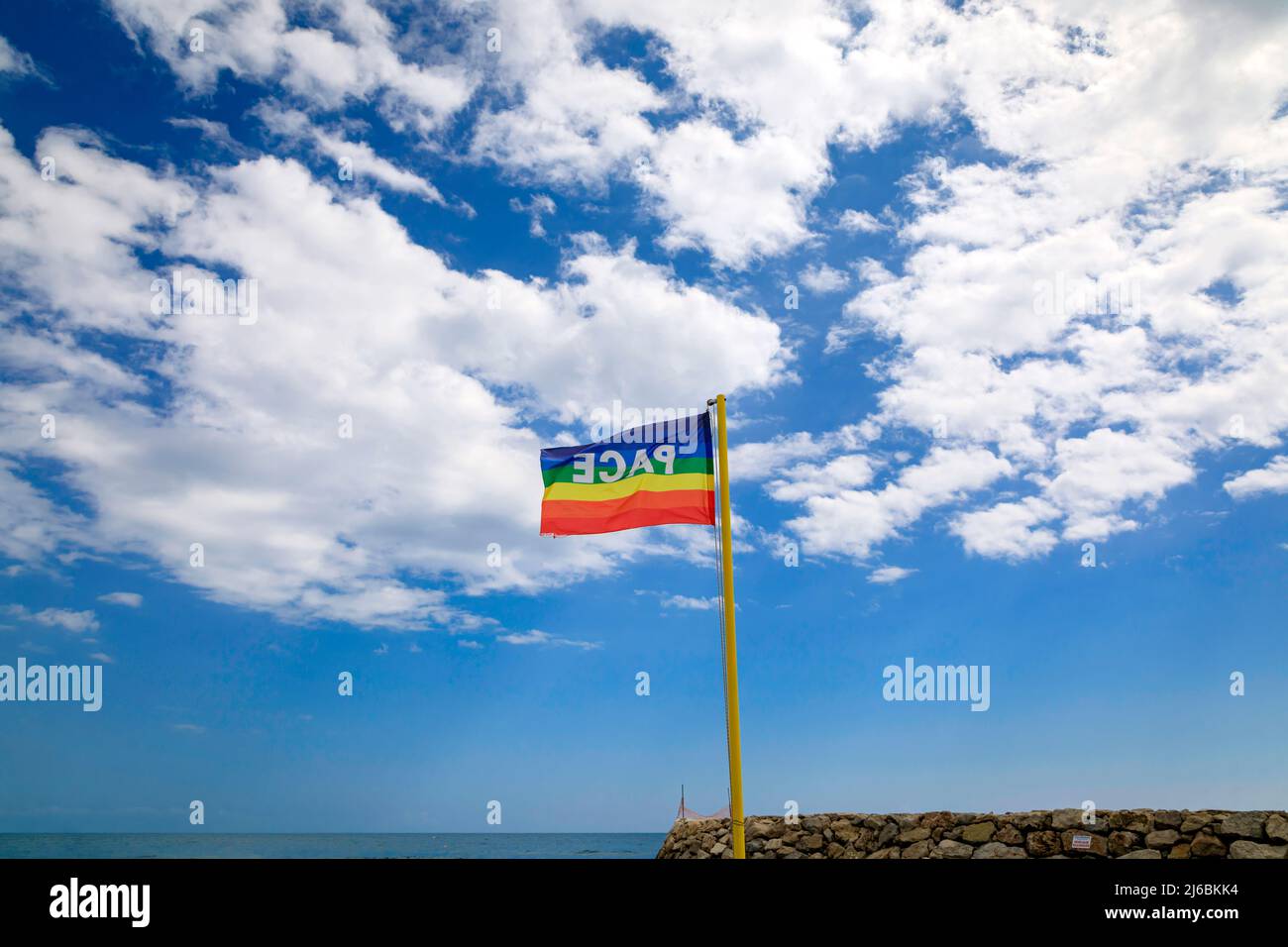The flag in the colors of peace flutters against the backdrop of a ...