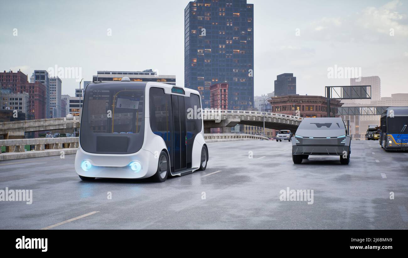 Autonomous electric bus self driving on street, Smart vehicle ...