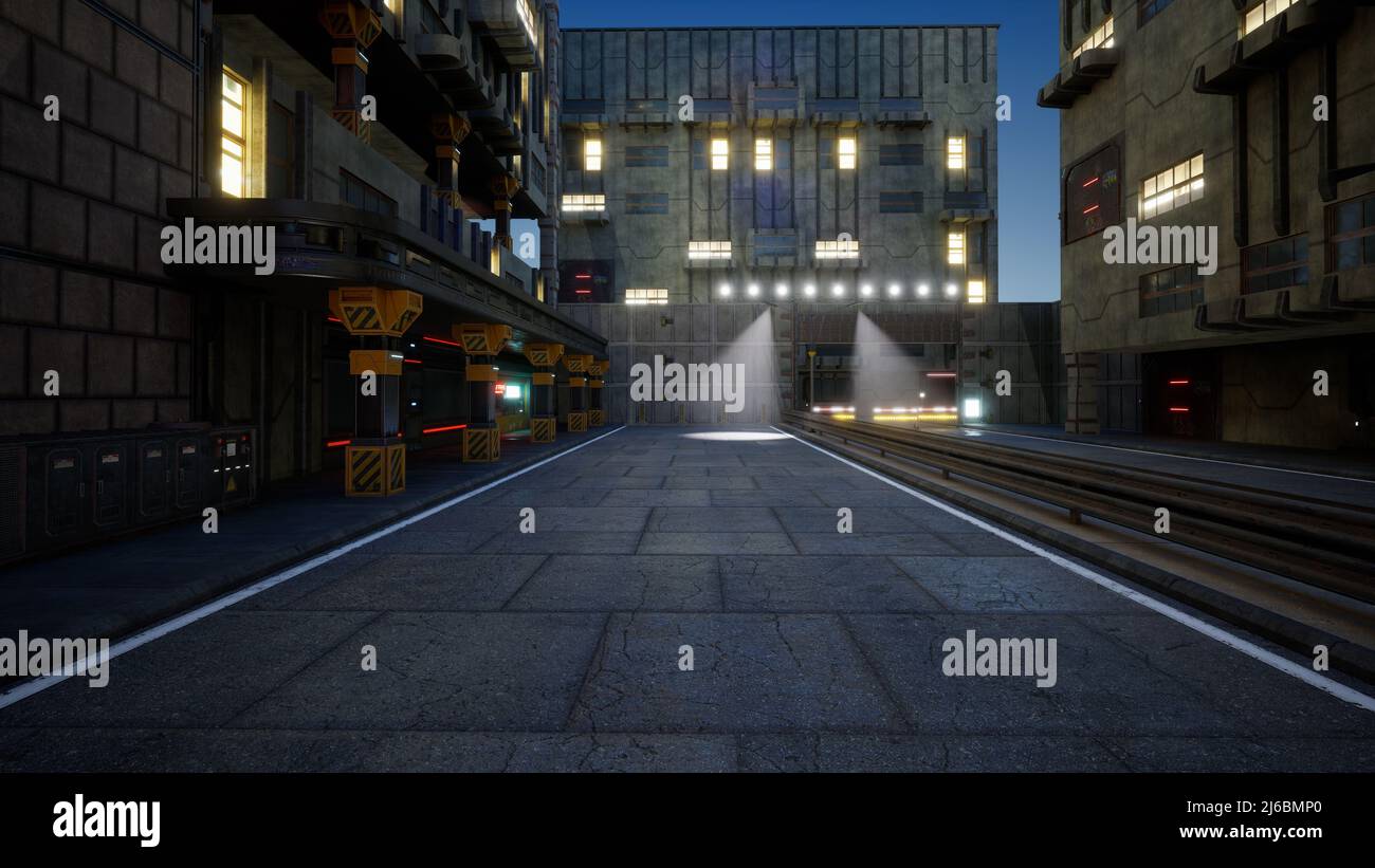 Cyberpunk city street, 3d render Stock Photo - Alamy