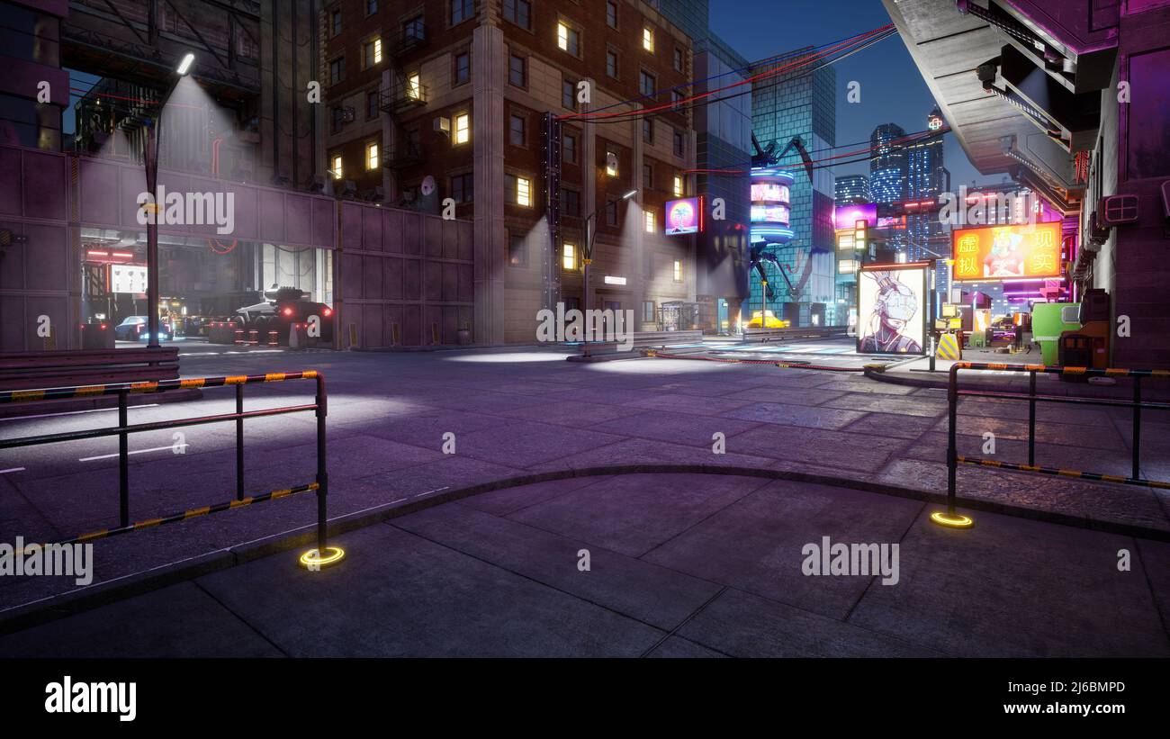 Cyberpunk city street, 3d render Stock Photo - Alamy
