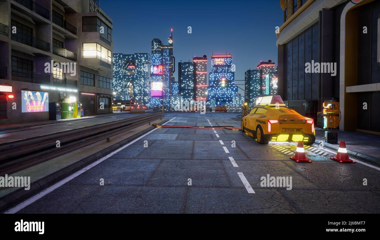 Cyberpunk city street, 3d render Stock Photo - Alamy