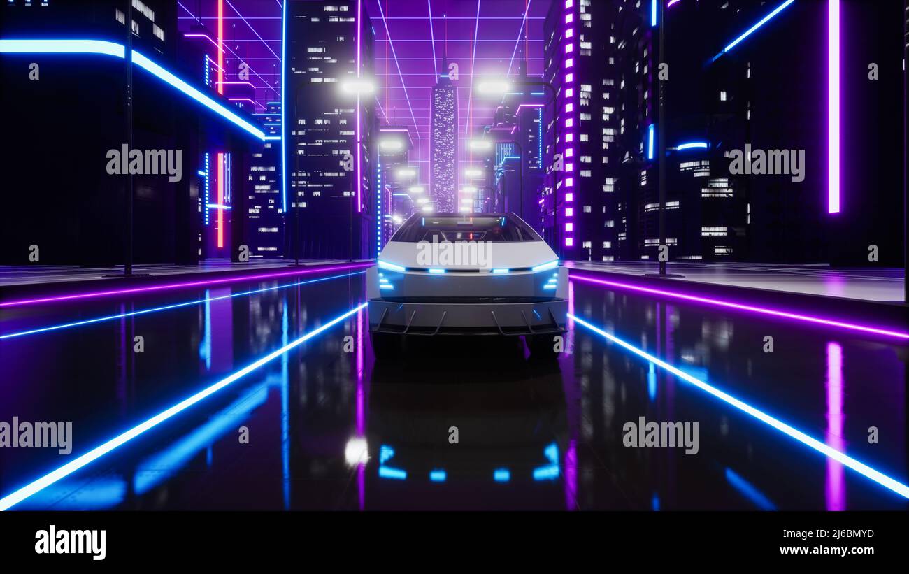 Futuristic transport car on the road in metaverse city. 3d render Stock ...