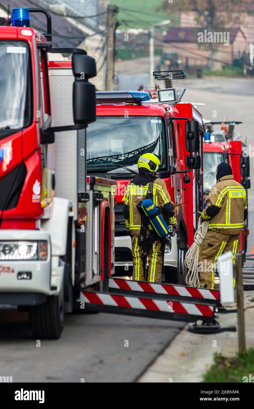 Firemen intervention for a chemney fire in a village in the Dinant area ...