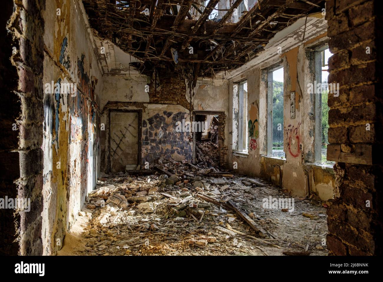 Discovering old and abandoned building lost in, the countryside. Walls ...