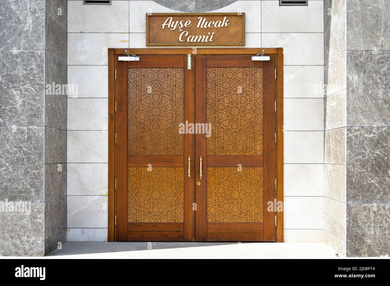Ayse Ilıcak mosque front door, with its modern architecture located ...